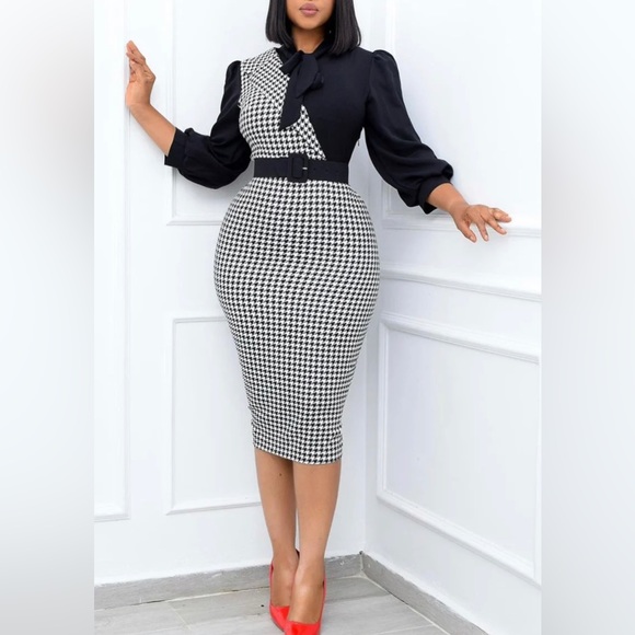 Dresses | Elegant Houndstooth Print Bow Tie Neck With Belt Long Sleeve ...